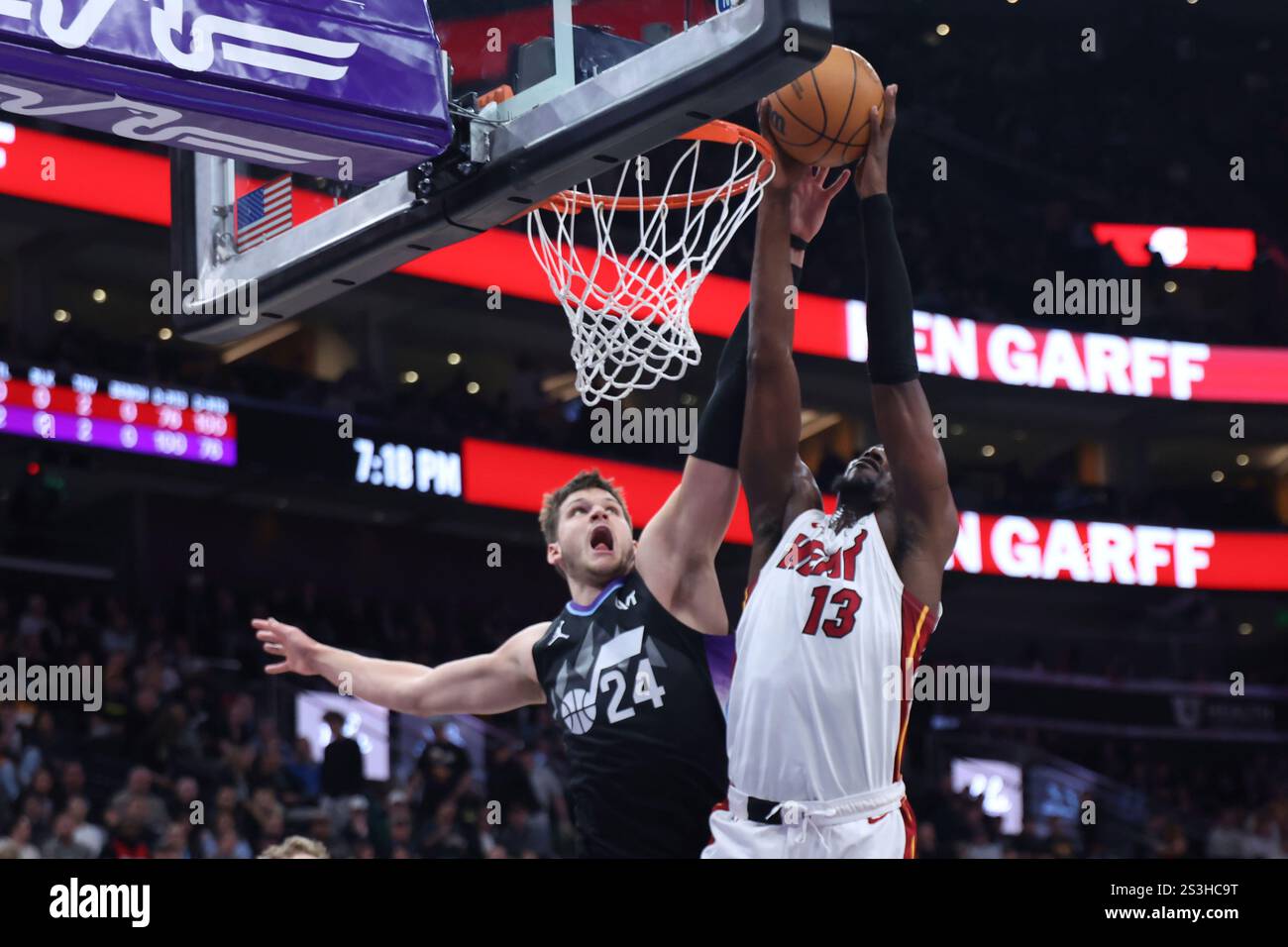 Utah Jazz center Walker Kessler (24) blocks a shot by Miami Heat center ...