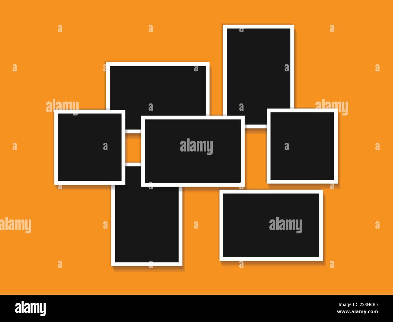 Creative photo collage template with overlapping blank frames on blue ...