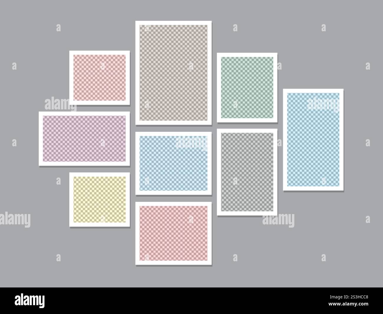 Creative photo collage template with overlapping blank frames on blue ...
