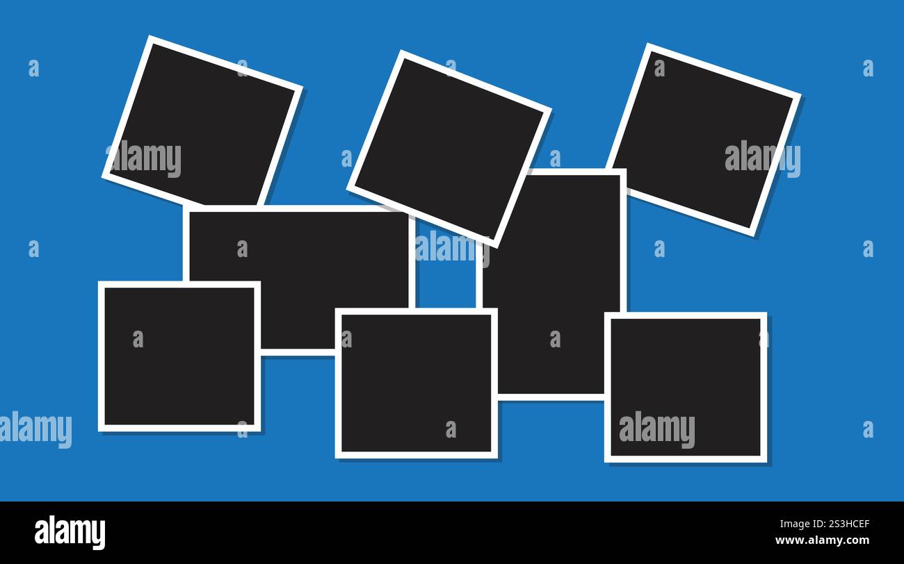 Creative photo collage template with overlapping blank frames on blue ...