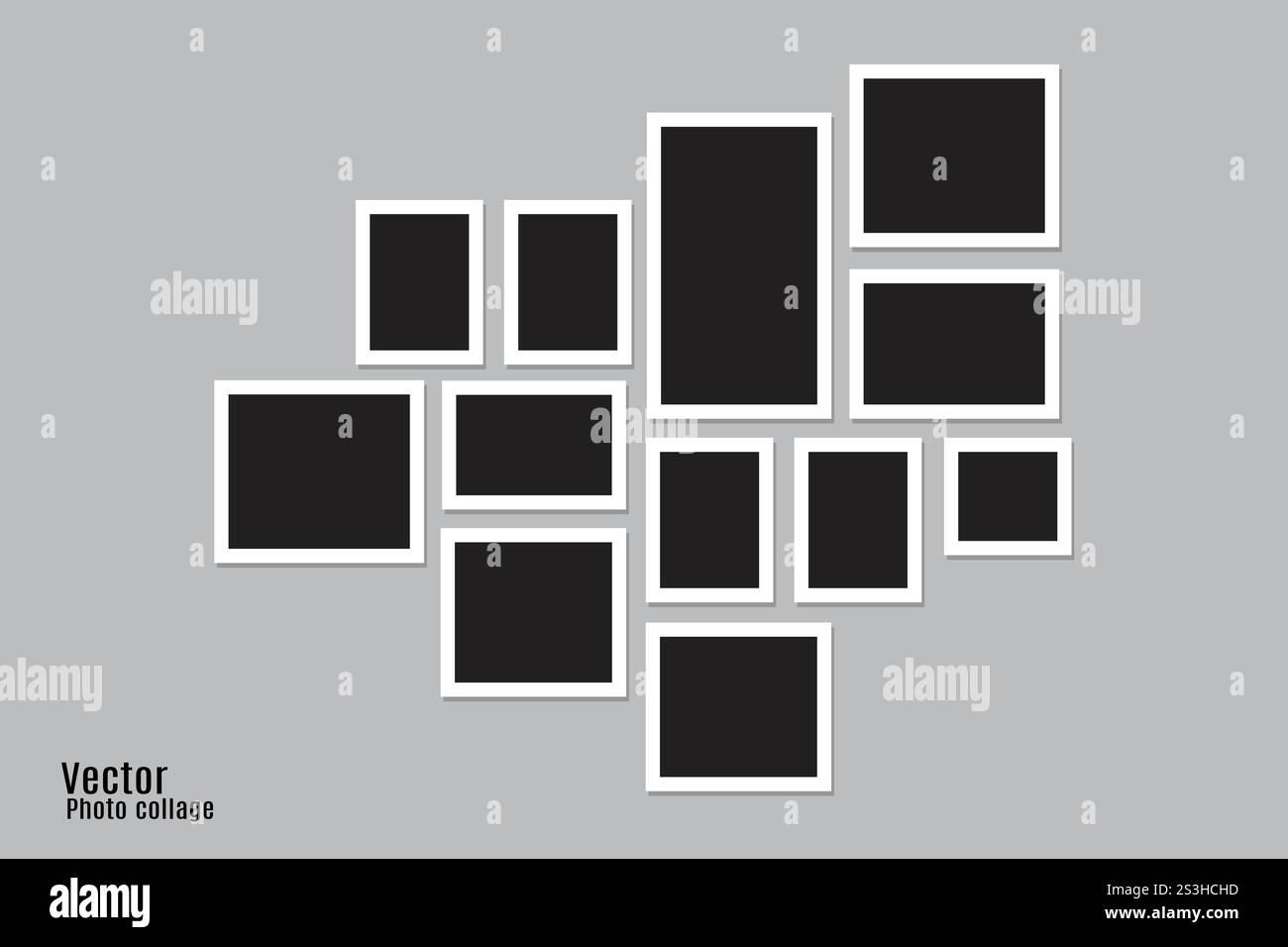 Creative photo collage template with overlapping blank frames on blue ...