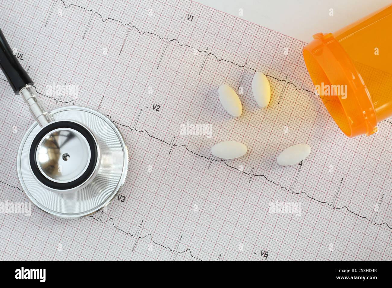 Electrocardiogram, ecg, ekg printed report graph with medication and ...