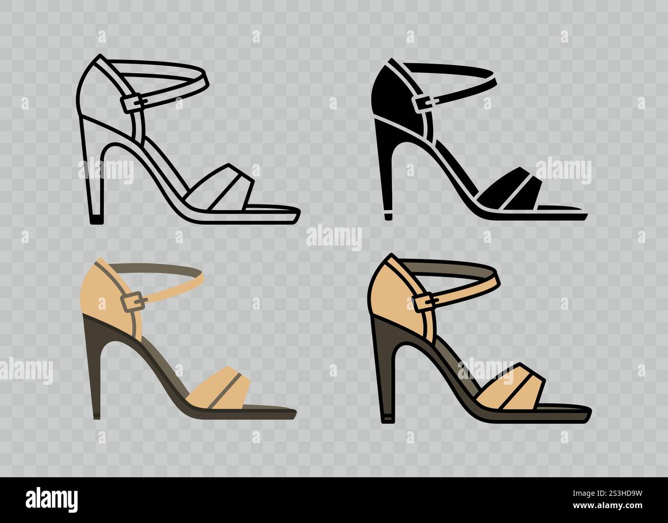 Flat Vector Linear Women's High-Heeled Sandals Icon Set Isolated ...