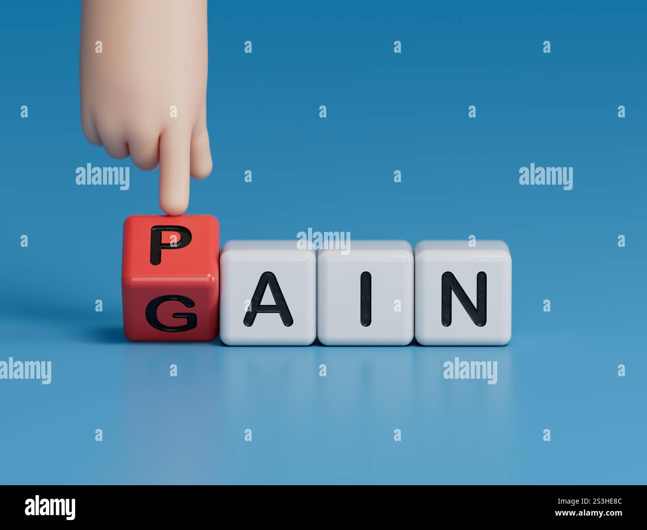 Pain or gain concept. Close up hand turning alphabets on wooden cube ...