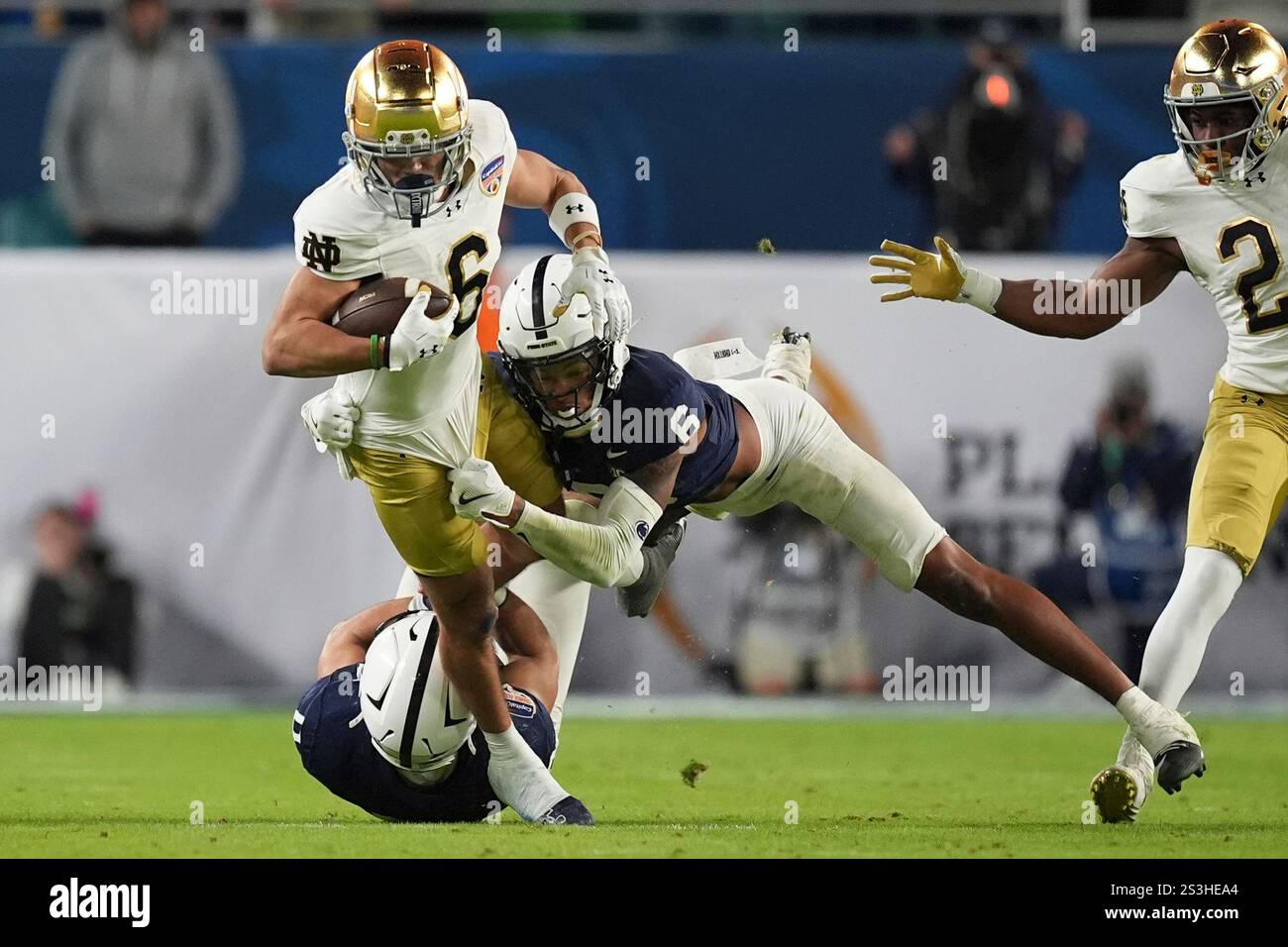 Penn State safety Zakee Wheatley (6) grabs Notre Dame wide receiver Jordan Faison (6) during the ...