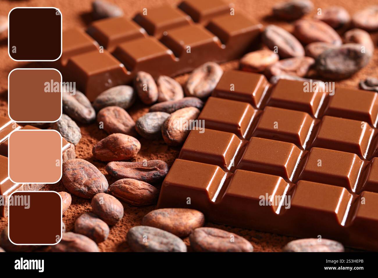 Sweet chocolate with cocoa beans, closeup. Different color patterns ...