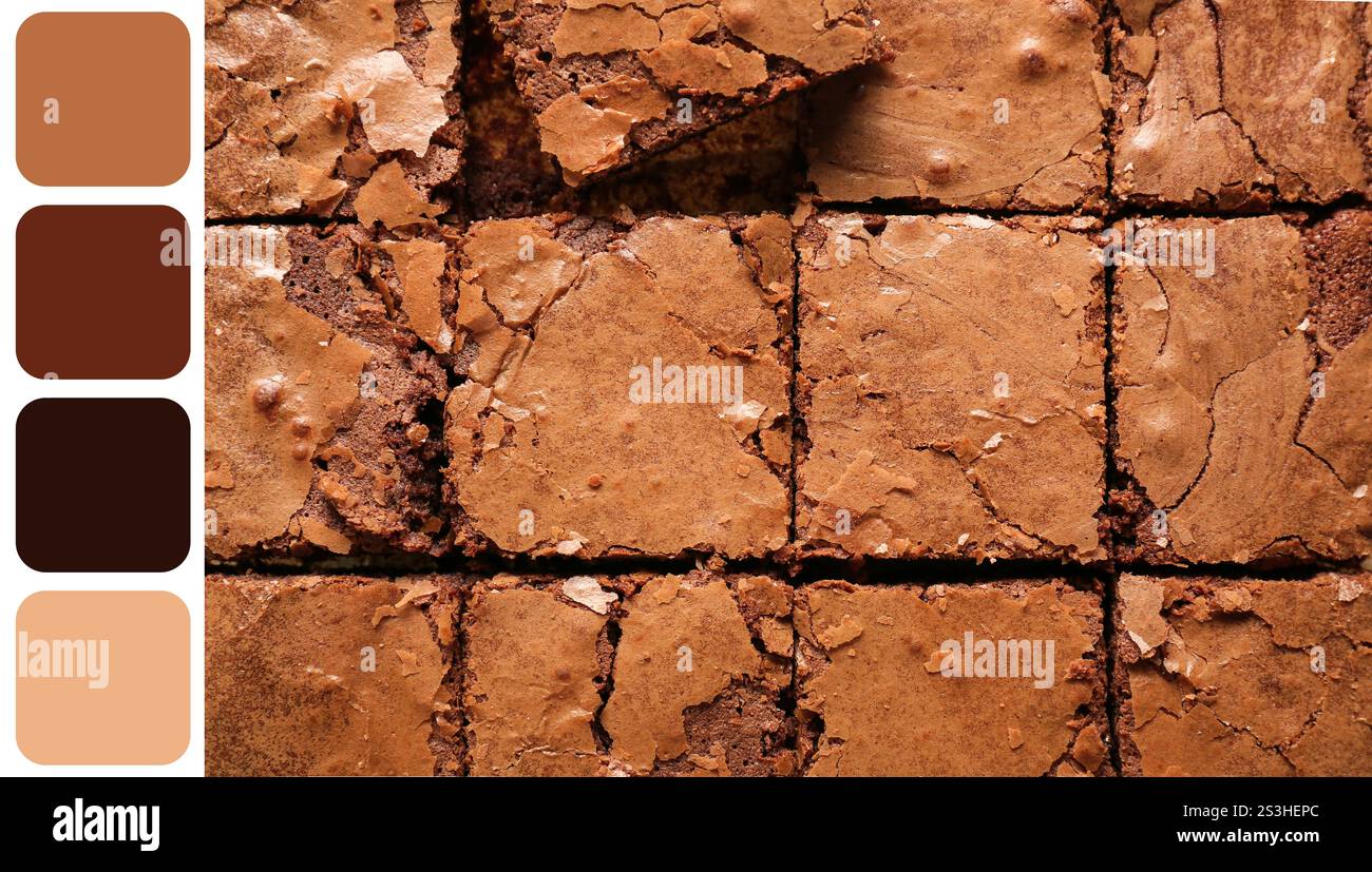 Cut chocolate brownie as background, closeup. Different color patterns ...