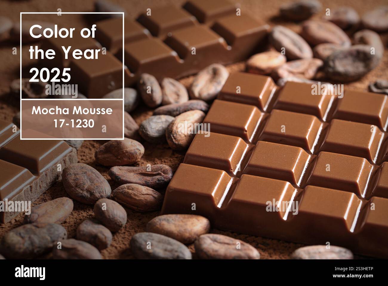 Sweet chocolate with cocoa beans, closeup. Mocha Mousse - color of year 2025 Stock Photo - Alamy