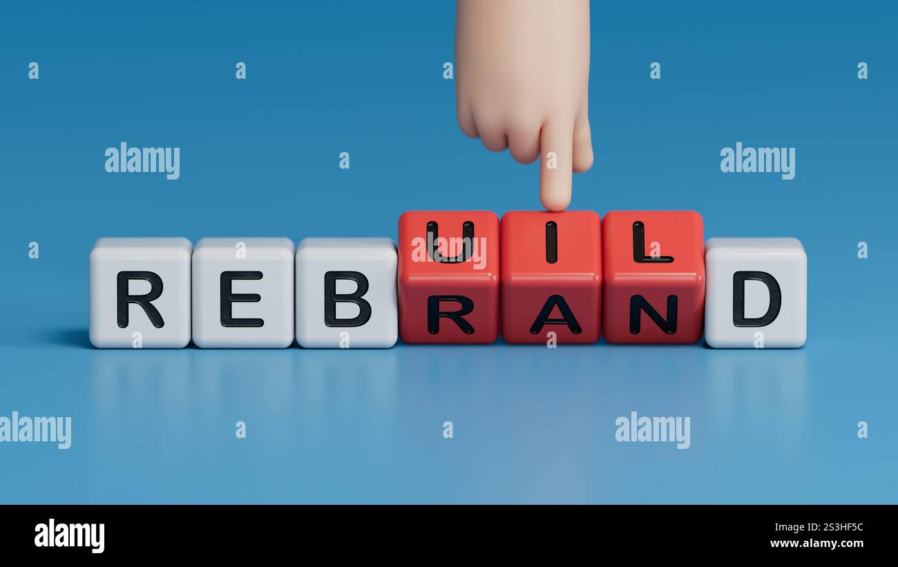 Rebuild and Rebrand symbol. Businessman hand turns wooden cubes and ...