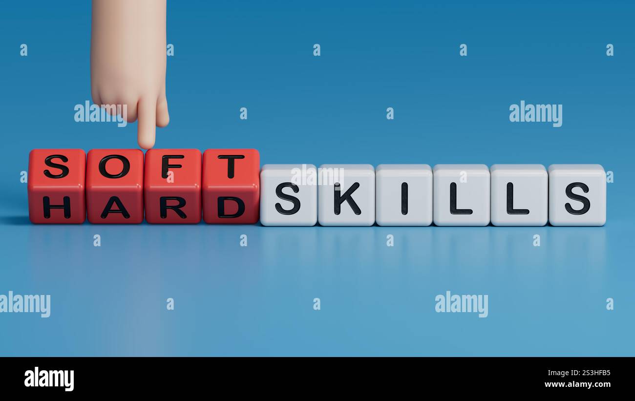 Soft Skills and Hard Skills symbol. Hand turns a cube and changes the ...