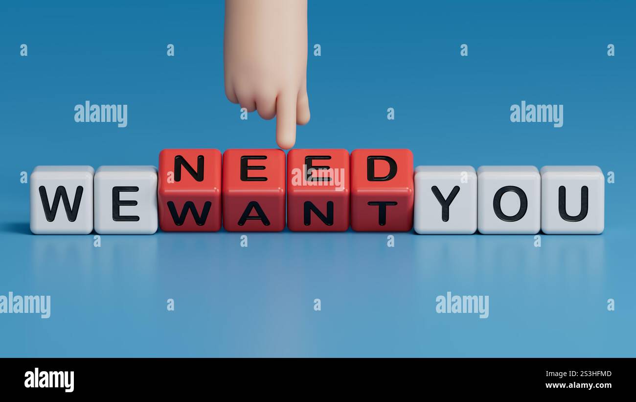 We need and want You symbol. Businessman Hand turns cubes and changes ...