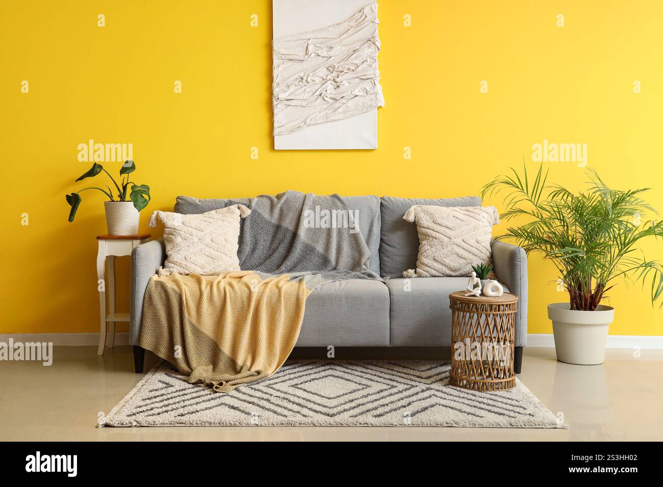 Cozy sofa with plaid, coffee table and houseplants in interior of ...