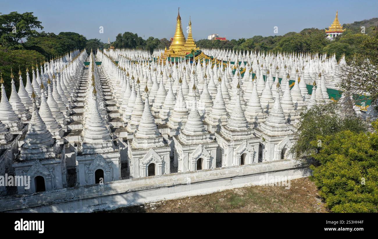 Mandalay, Myanmar: Kuthodaw Pagoda & Tripitaka tablets, aerial view of Buddhist temple with ...