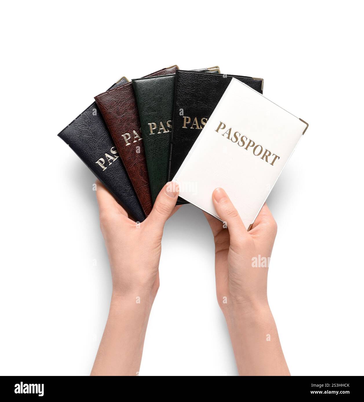 Female hands with passports on white background, closeup Stock Photo ...
