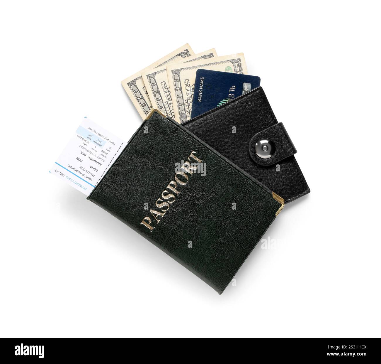 Passport with ticket, wallet, money and credit card on white background ...