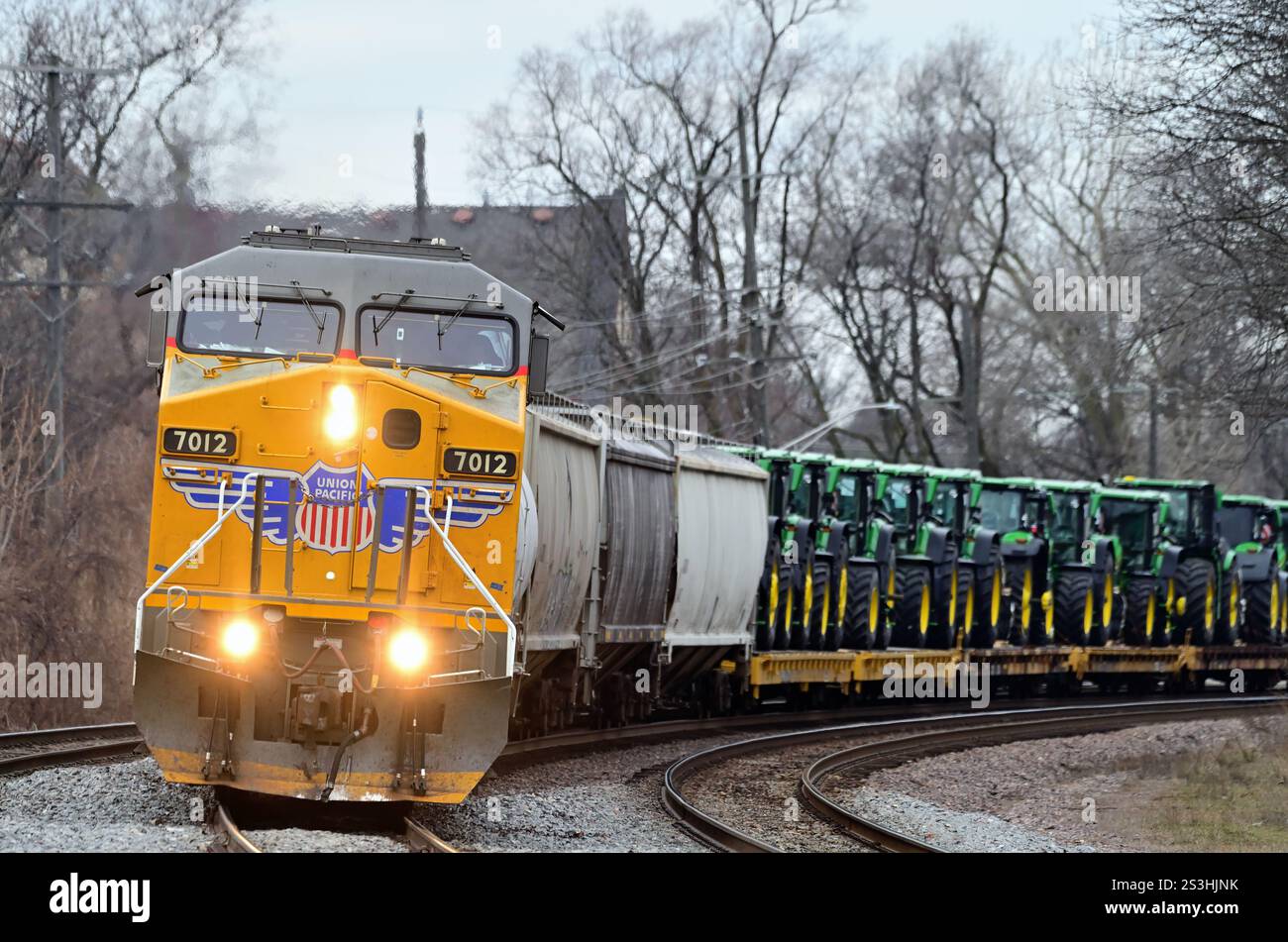 Glen Ellyn, Illinois, USA. A Union Pacific Railroad freight train with ...