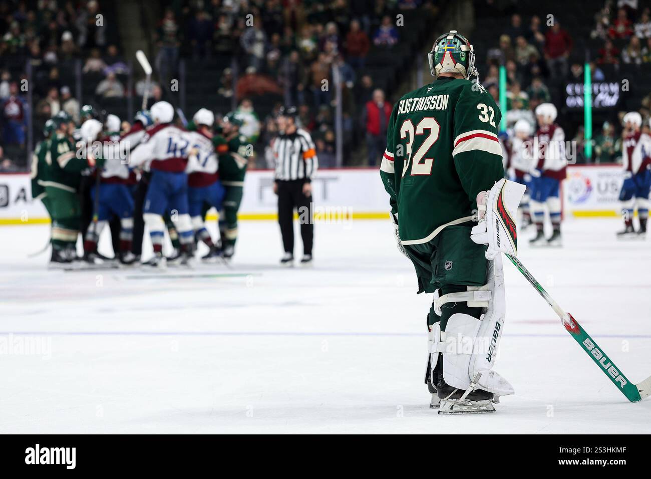 Minnesota Wild goaltender Filip Gustavsson (32) skates off of the ice ...