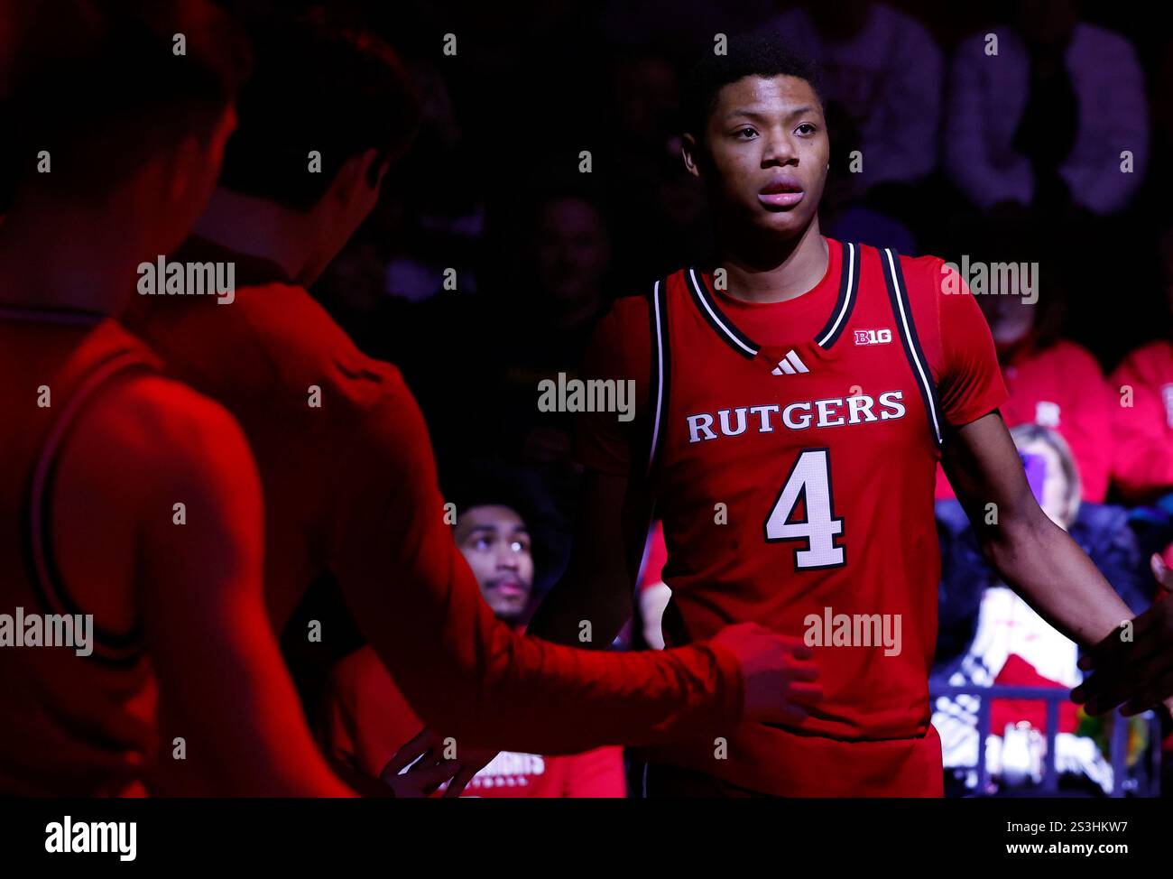 Rutgers guard Ace Bailey (4) looks on during introductions before an ...