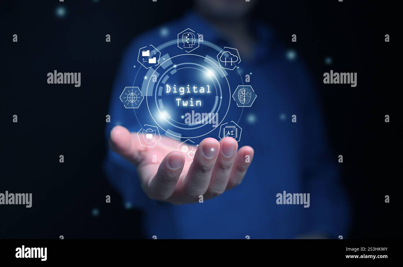 Digital twin concept. Industrial manufacturing automation technology. A ...