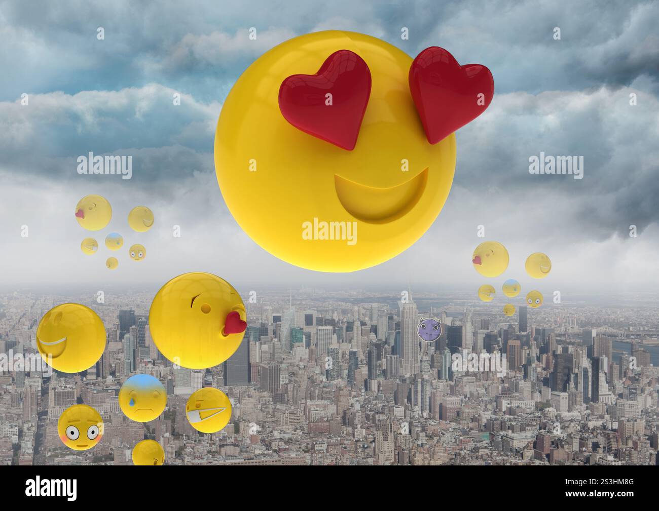 3D emojis flying in the sky over the cityscape background. Emoticons ...