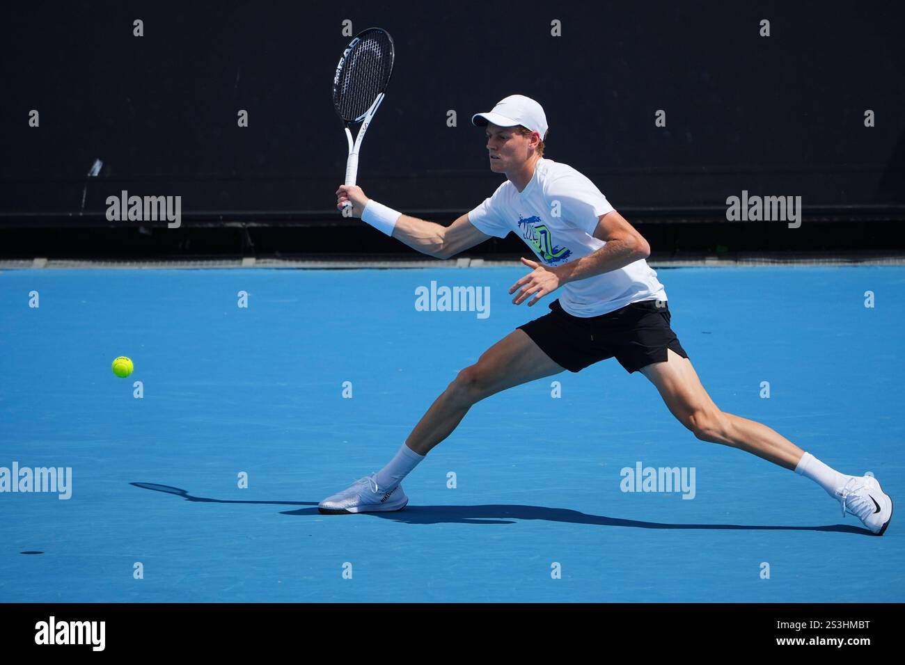 Italy's Jannik Sinner plays a forehand return during a practice session ahead of the Australian ...