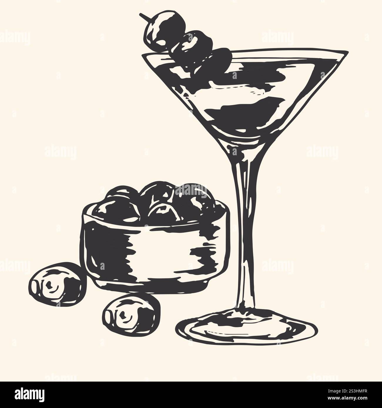 Hand-drawn illustration of dirty martini cocktail drink. Ideal for bar ...