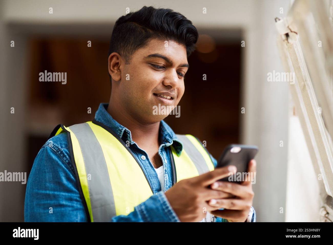 Man, architect and typing with phone for construction, project ...