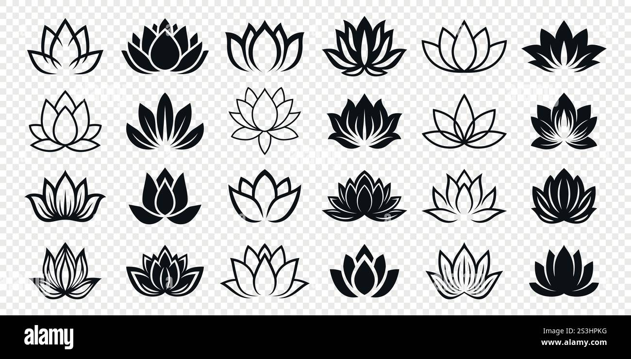 Flat Single Color Vector Lotus Flower Icon Set. Monochrome Floral ...