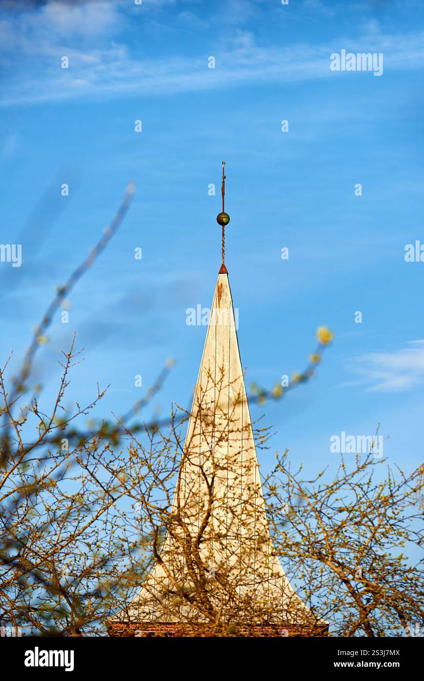 Ancient, steeple and architecture of building with blue sky for church ...