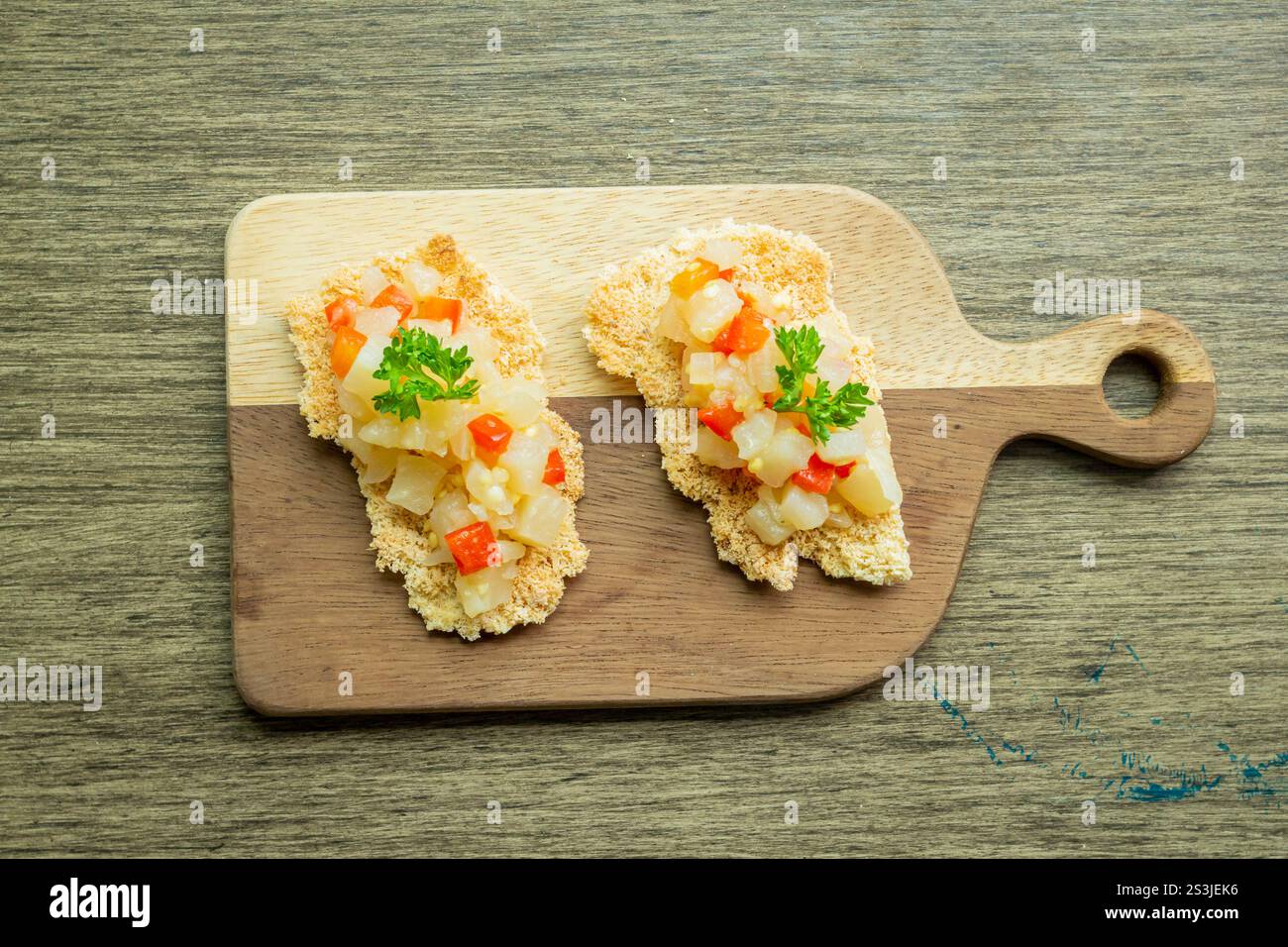 a piece of cassava with healthy potato salad, close up food photography ...