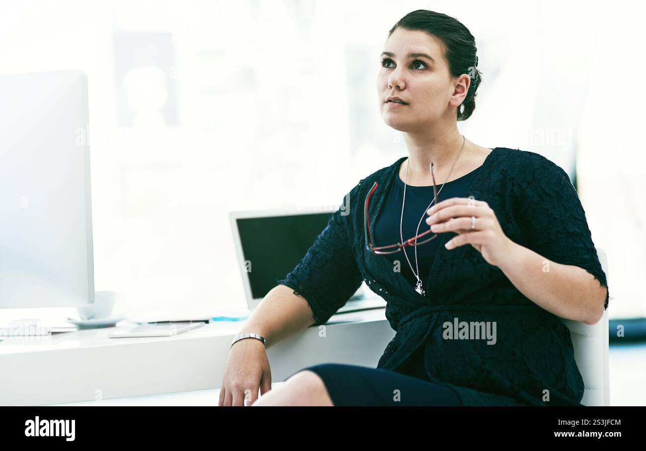 Thinking, vision and creative business woman with insight, problem ...