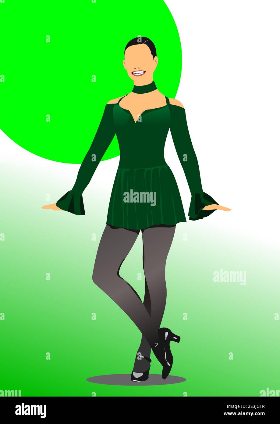 Beautiful woman in green dress for Irish dance jumping isolated on ...