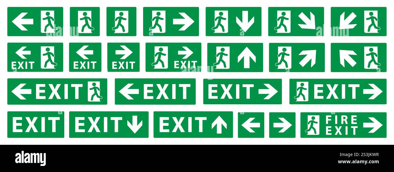 Emergency exit sign icon symbol set. Green Fire safety exit sign logo collection. Running man ...