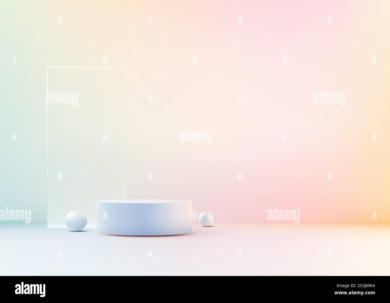 Minimalist pastel podium scene featuring a white cylinder and spheres ...