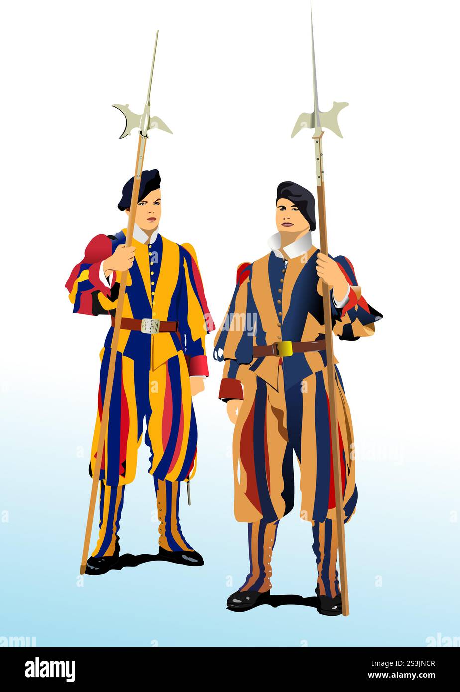 Two Swiss Guards on Vatican flag background. 3d vector illustration ...