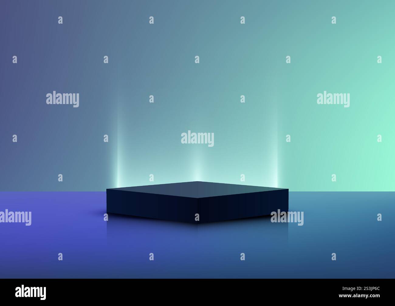 Futuristic square platform on a reflective blue surface with a vibrant ...