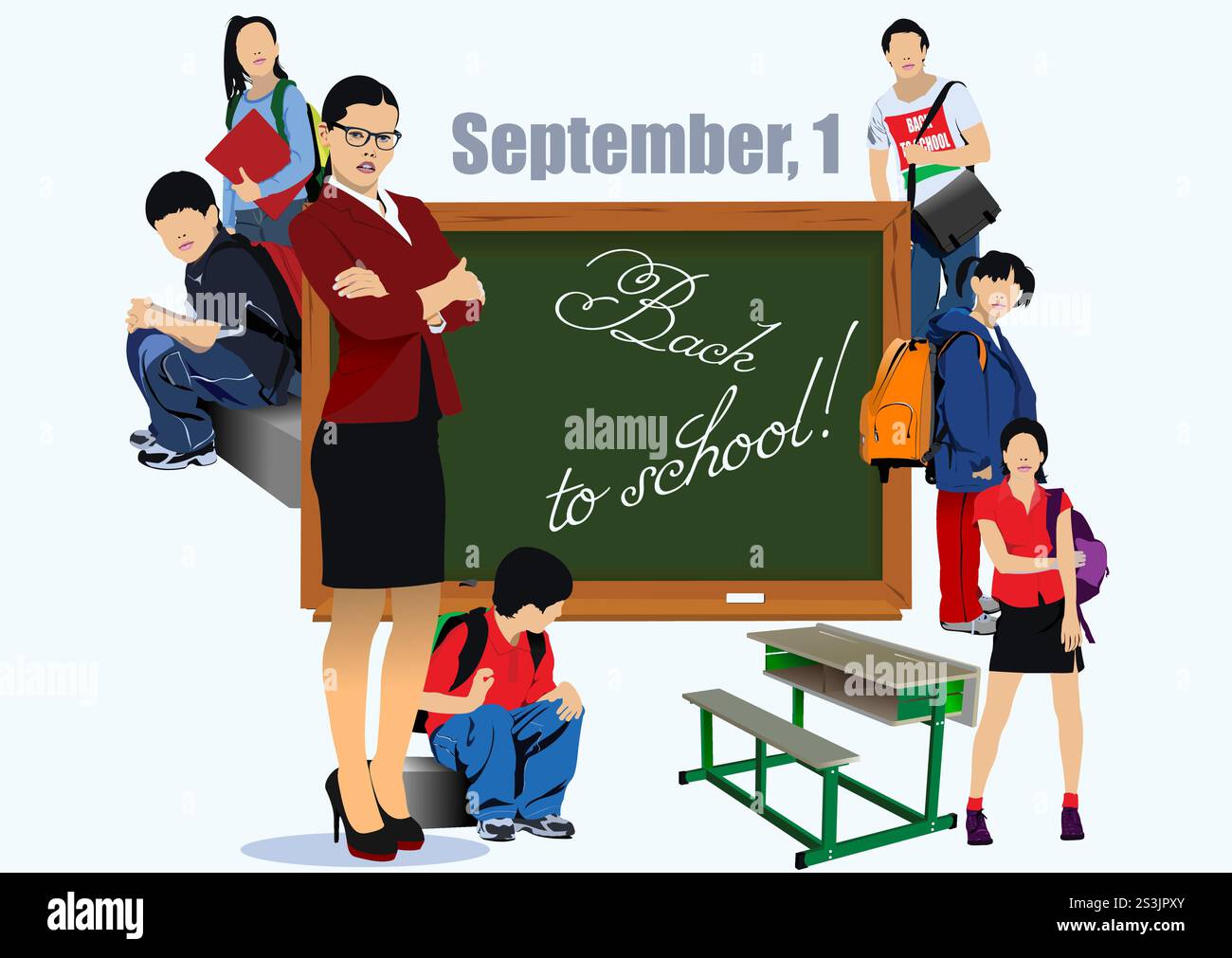 Big set of Back to school with desk and school teacher images . Vector ...