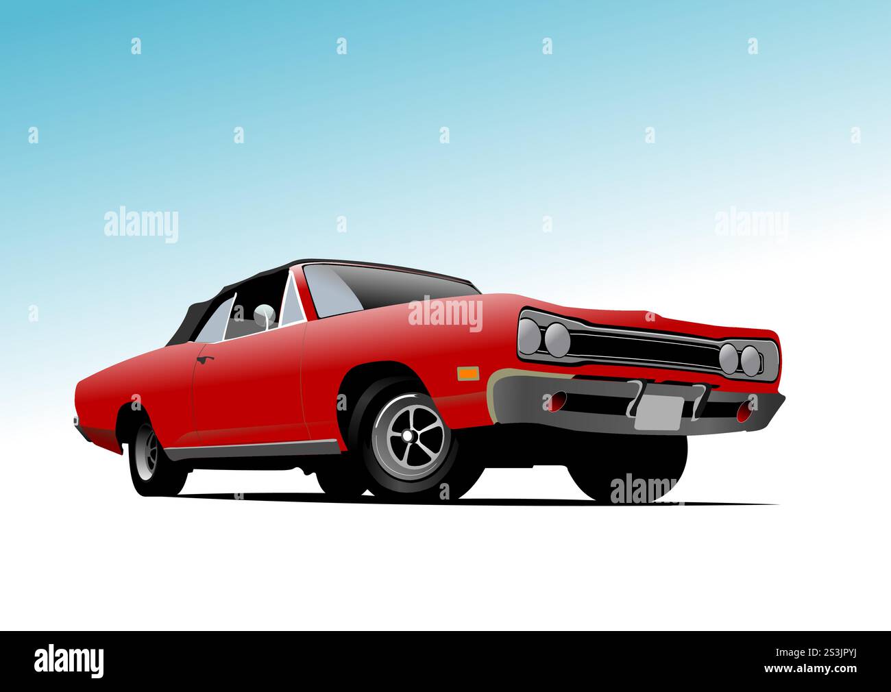 Old red car on sky backgroud. Vector Colored 3d illustration. Hand ...
