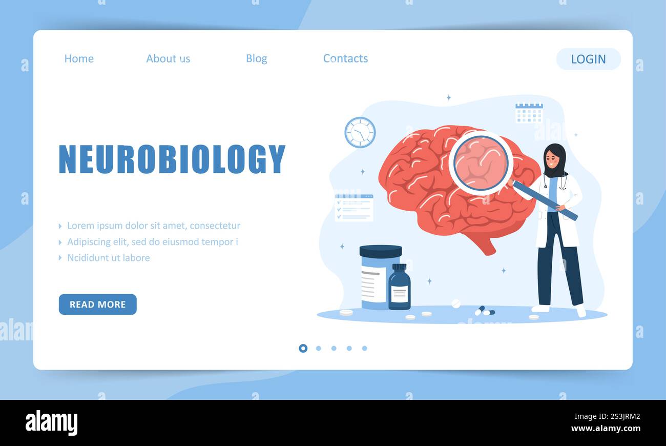 Neurobiology concept. Landing page template. Arab Woman in medical uniform with magnifying glass ...