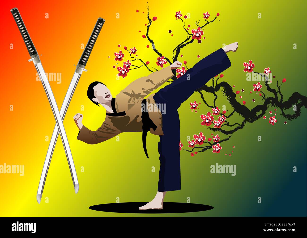 Japan style background with karate image. Color 3d vector hand drawn ...