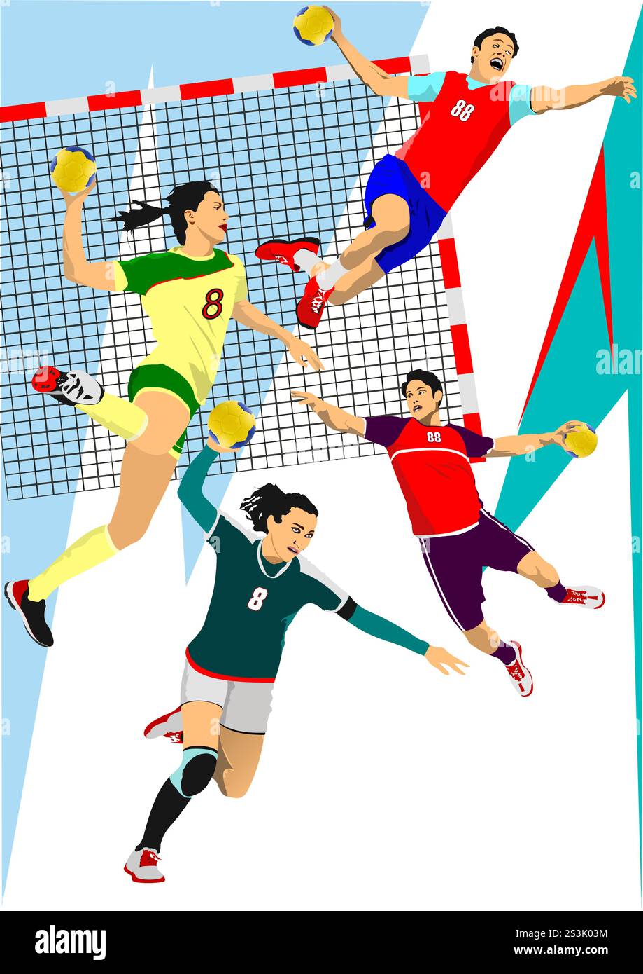 Set of exercising handball player silhouette. 3d color hand drawn ...