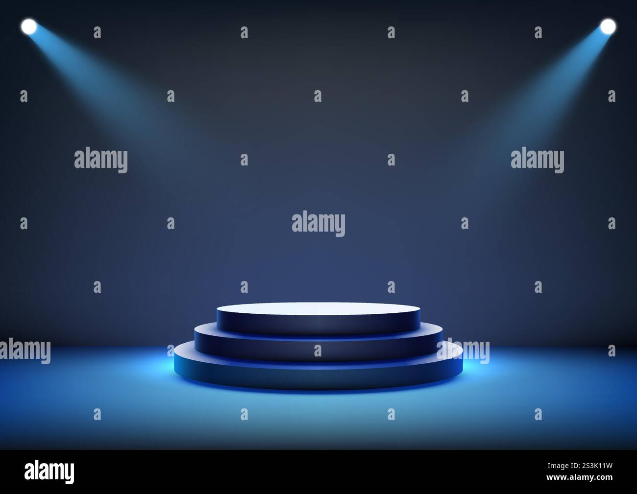 3D tiered blue podium stage illuminated by spotlights, award ceremonies ...