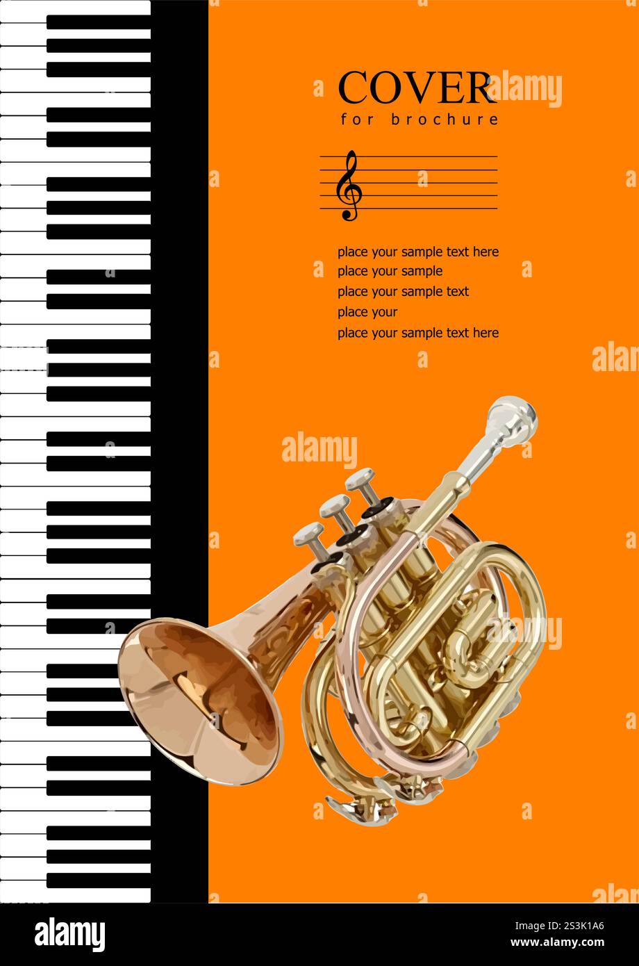 Cover for brochure with Piano and trumpet images. Vector 3d ...