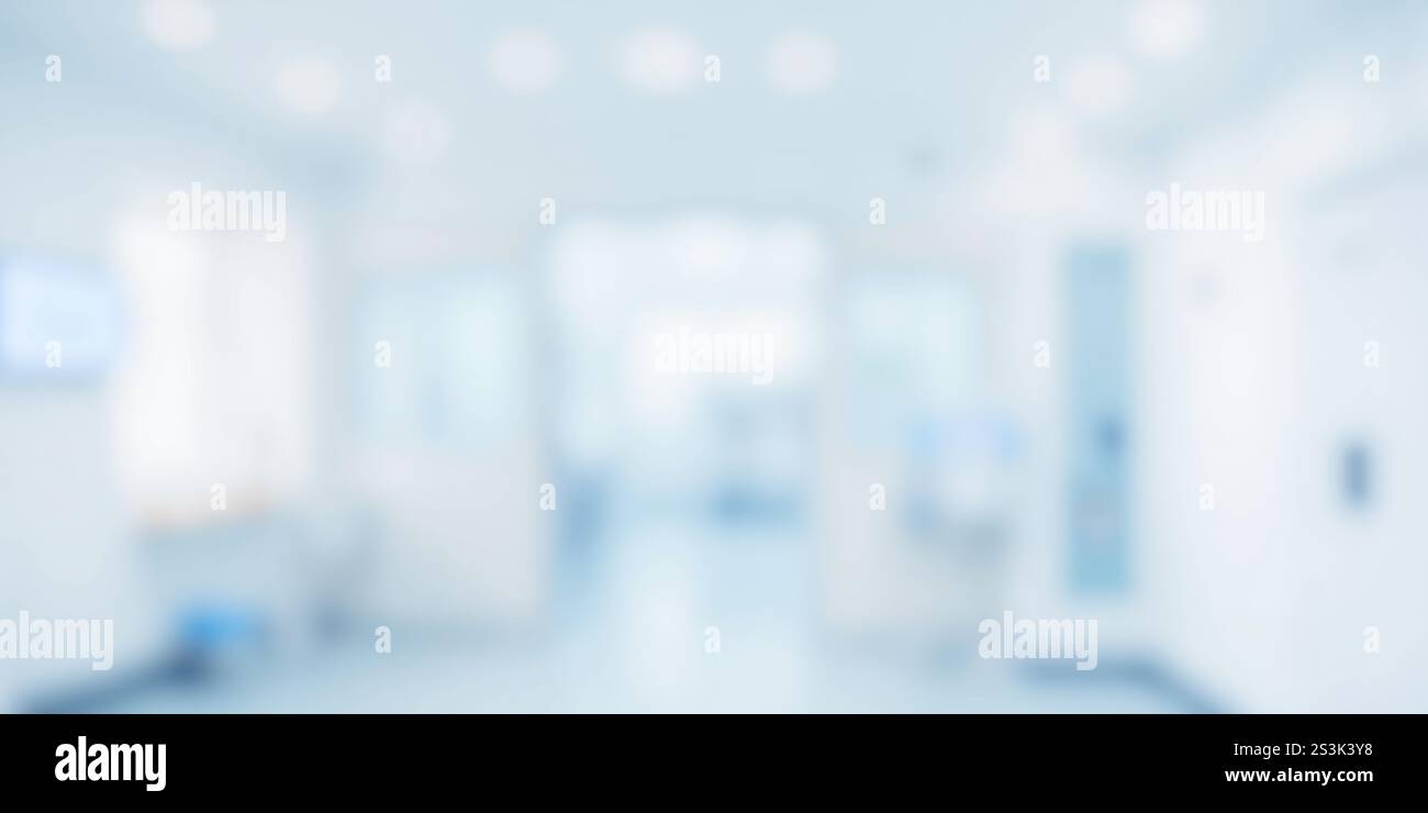 Abstract blurred hospital background, modern clinic hallway with bright ...