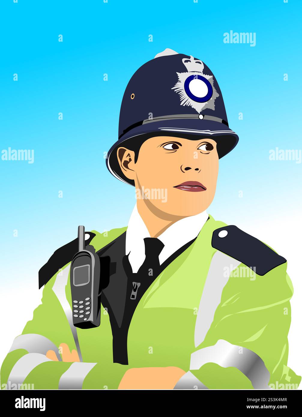London Policeman with walkie-talkie radio. Vector 3d hand drawn ...