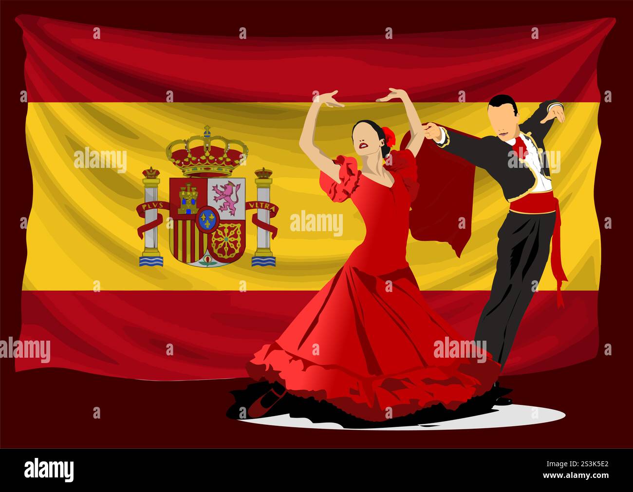 Beautiful young couple dancing flamenco on Spain flag background ...