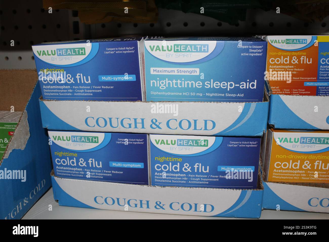 VALU HEALTH COLD and FLU in boxes closeup on a shelf Stock Photo - Alamy
