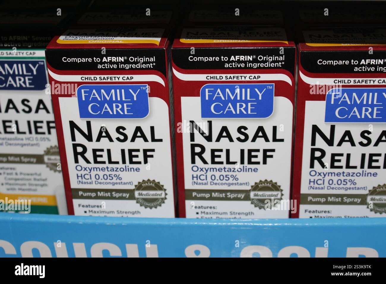 FAMILY CARE Nasal RELIEF in boxes closeup on a shelf Stock Photo - Alamy