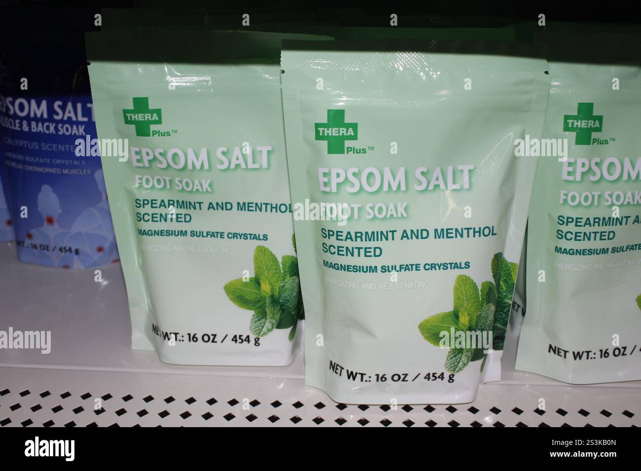 THERA PLUS EPSOM SALT in bag closeup on a shelf Stock Photo - Alamy