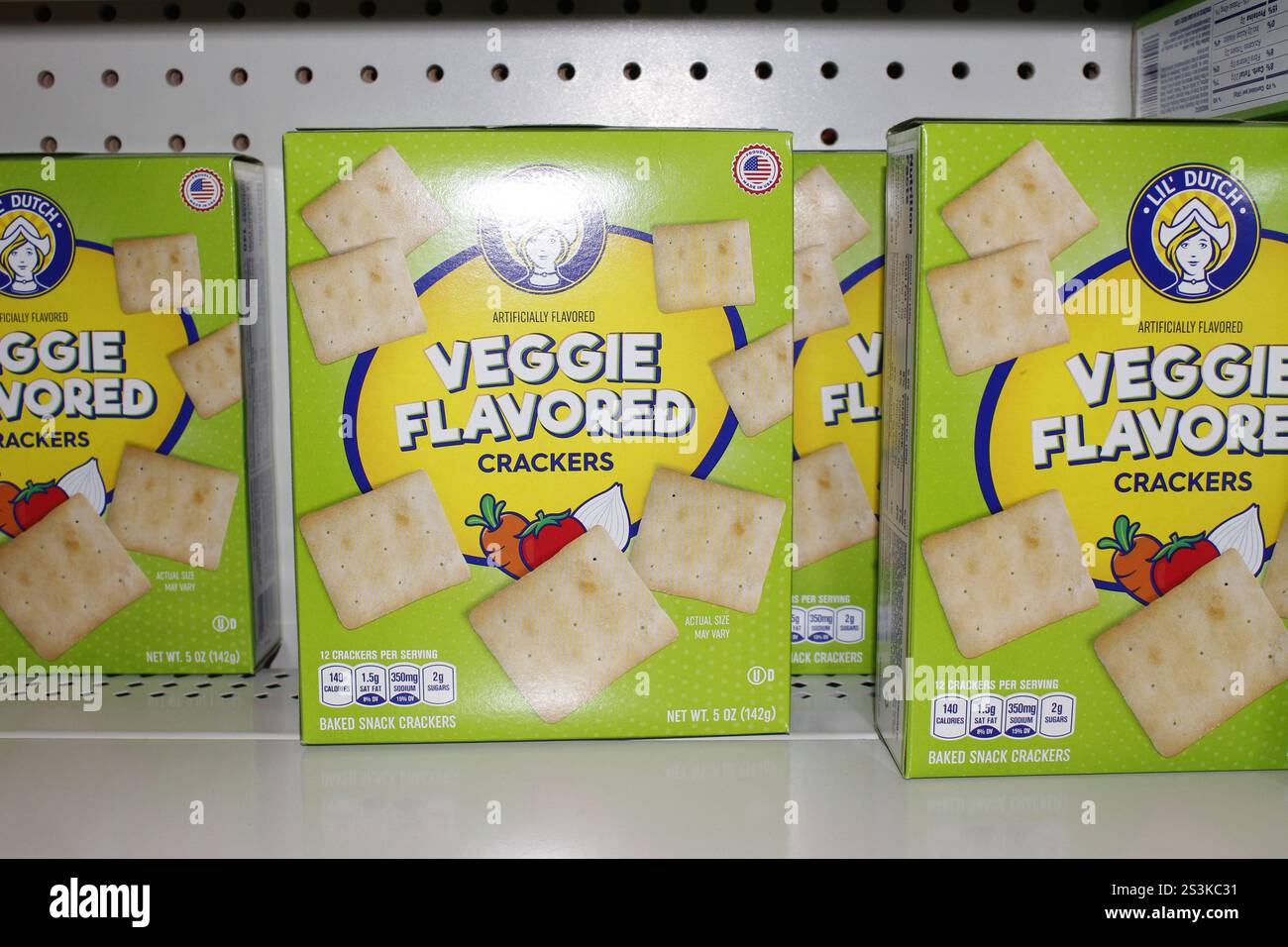 Lil Dutch Vegetable Flavored crackers in boxes closeup on a shelf Stock ...